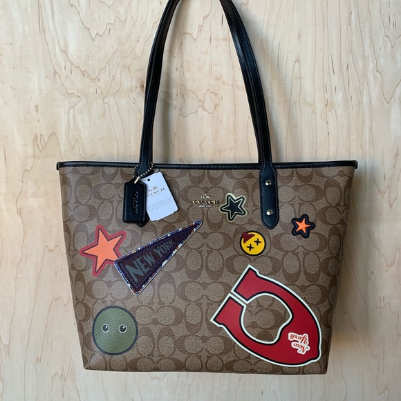 Coach | Bags | Coach Varsity Patches City Zip Tote Coated Canvas Khaki ...